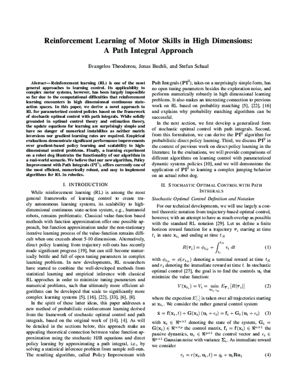 (PDF) Reinforcement learning of motor skills in high dimensions: A path integral approach