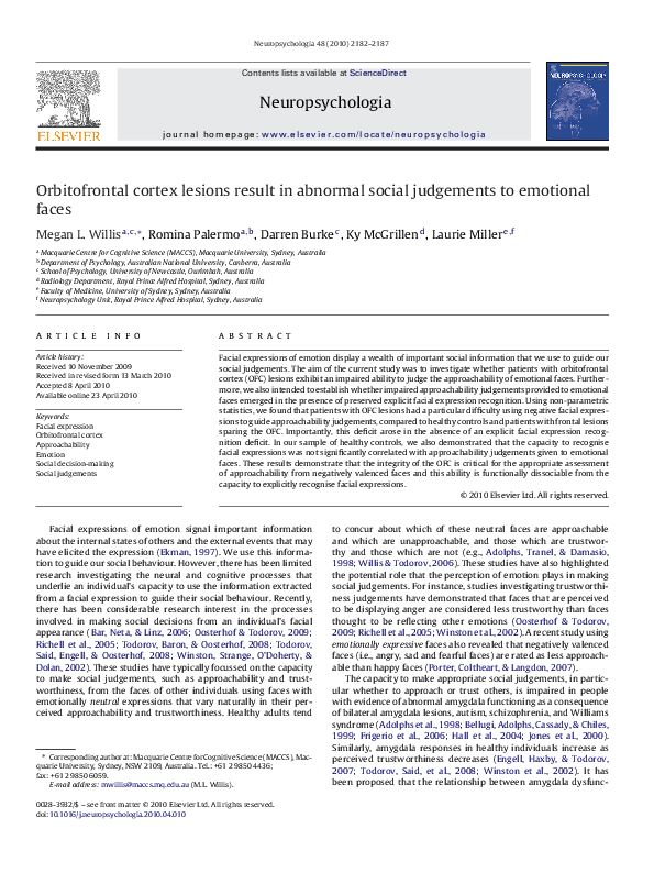 (PDF) Orbitofrontal Cortex Lesions Result In Abnormal Social Judgements ...