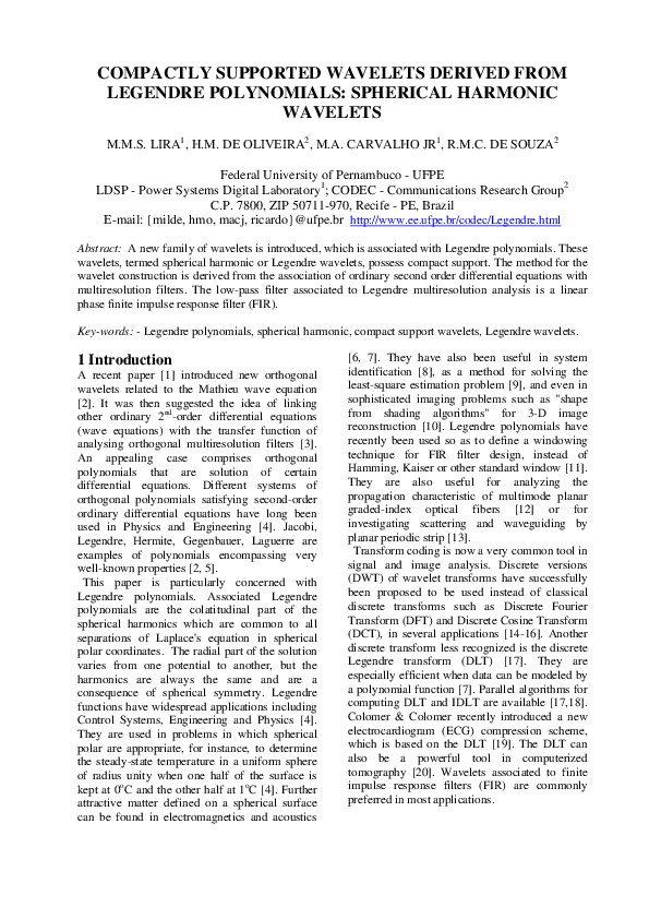 (PDF) Compactly Supported Wavelets Derived From Legendre Polynomials: Spherical Harmonic Wavelets