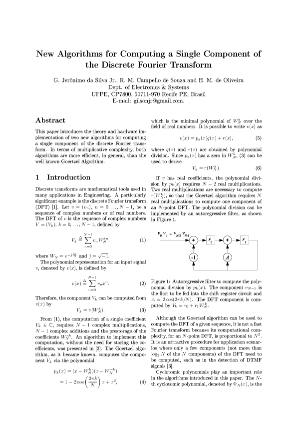 Pdf New Algorithms For Computing A Single Component Of The Discrete Fourier Transform