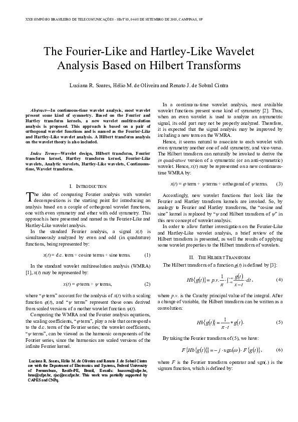 (PDF) The Fourier-Like and Hartley-Like Wavelet Analysis Based on Hilbert Transforms