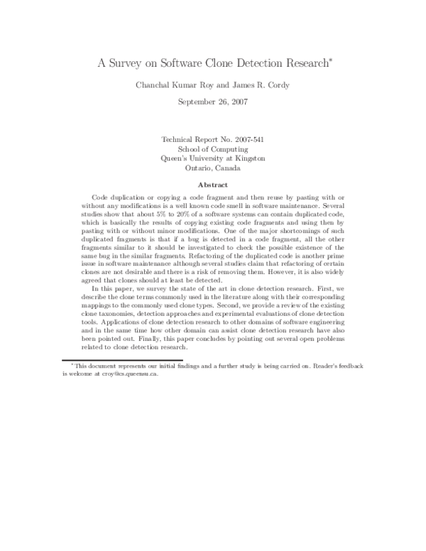 (PDF) A survey on software clone detection research