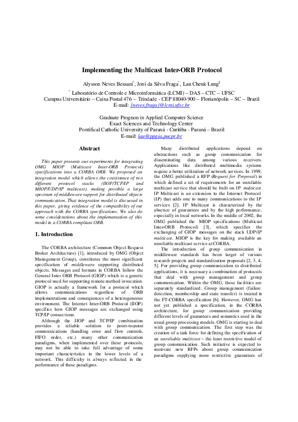 Pdf Implementing The Multicast Inter Orb Protocol Alysson Bessani