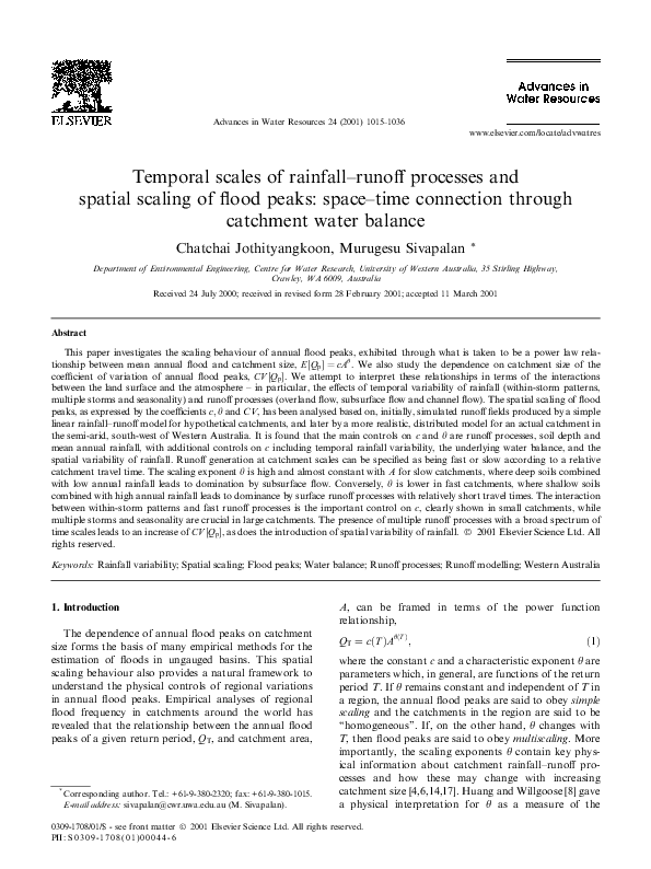 (PDF) Temporal scales of rainfall–runoff processes and spatial scaling of flood peaks: space ...