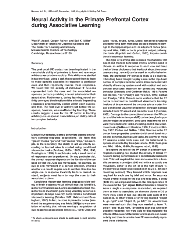 Pdf Neural Activity In The Primate Prefrontal Cortex During Associative Learning