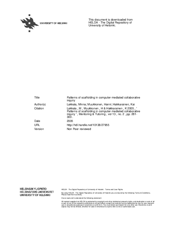 Pdf Patterns Of Scaffolding In Computer Mediated Collaborative Inquiry