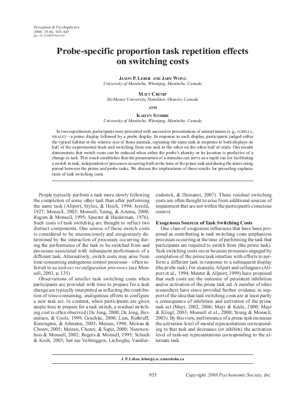 (PDF) Probe-specific proportion task repetition effects on switching costs