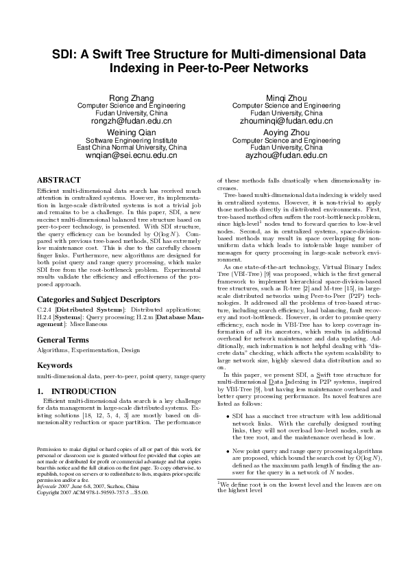 (PDF) Sdi: a swift tree structure for multi-dimensional data indexing in peer-to-peer networks