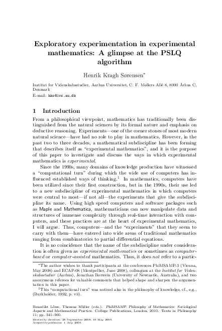 (PDF) Exploratory experimentation in experimental mathematics: A glimpse at the PSLQ algorithm