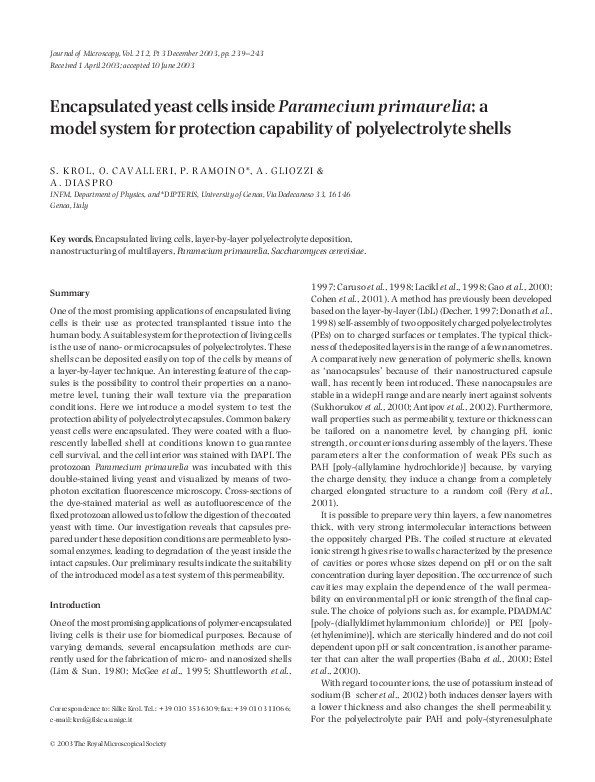 (PDF) Encapsulated yeast cells inside Paramecium primaurelia: a model ...