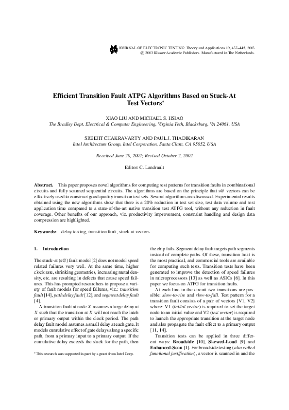Pdf Efficient Transition Fault Atpg Algorithms Based On Stuck At Test Vectors
