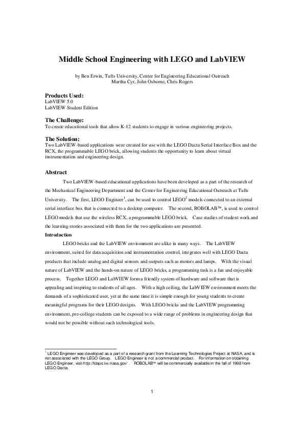 (PDF) Middle school engineering with LEGO and LabVIEW