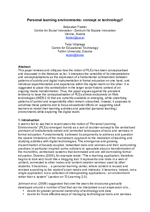 (PDF) Personal learning environments: concept or technology?