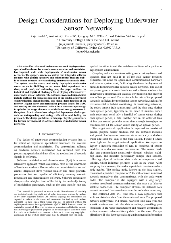 (PDF) Design considerations for deploying underwater sensor networks