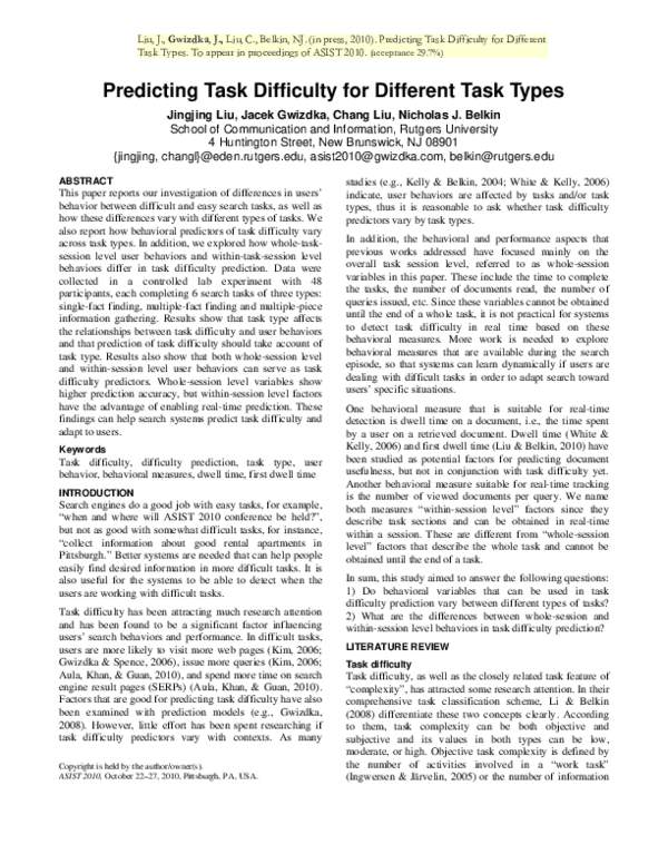 (PDF) Predicting Task Difficulty for Different Task Types
