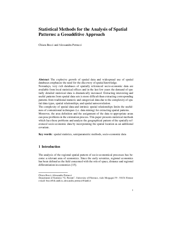 Statistical Methods for the Analysis of Spatial Patterns: a Geoadditive Approach