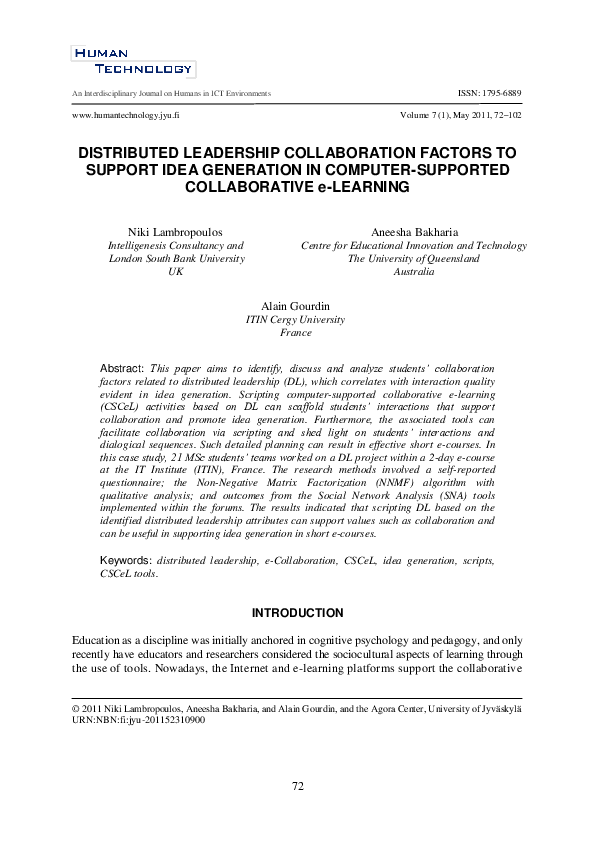 (PDF) DISTRIBUTED LEADERSHIP COLLABORATION FACTORS TO SUPPORT IDEA GENERATION IN COMPUTER ...