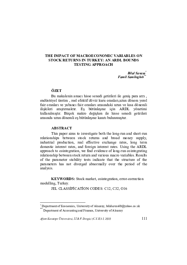 Pdf The Impact Of Macroeconomic Variables On Stock Returns In Turkey An Ardl Bounds Testing