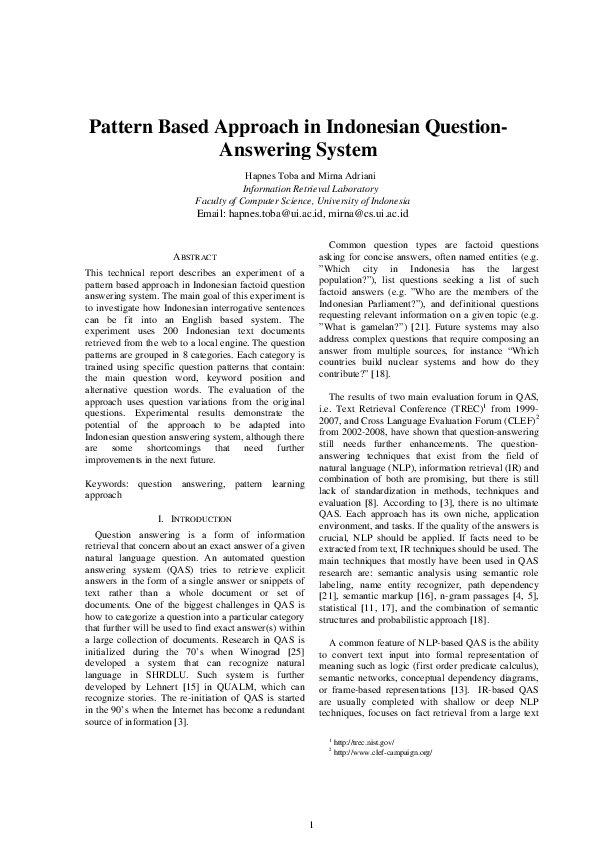 (PDF) Pattern Based Approach in Indonesian Question-Answering System