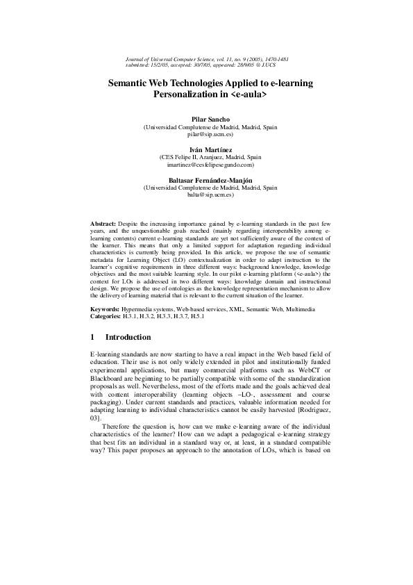 (PDF) Semantic Web Technologies Applied to e-learning Personalization in