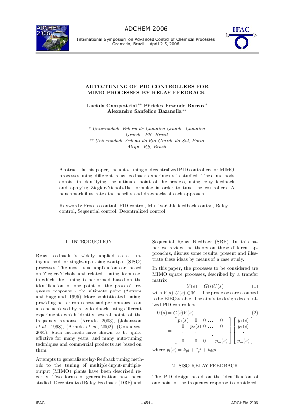 (PDF) Auto-tuning of PID controllers for MIMO processes by relay feedback