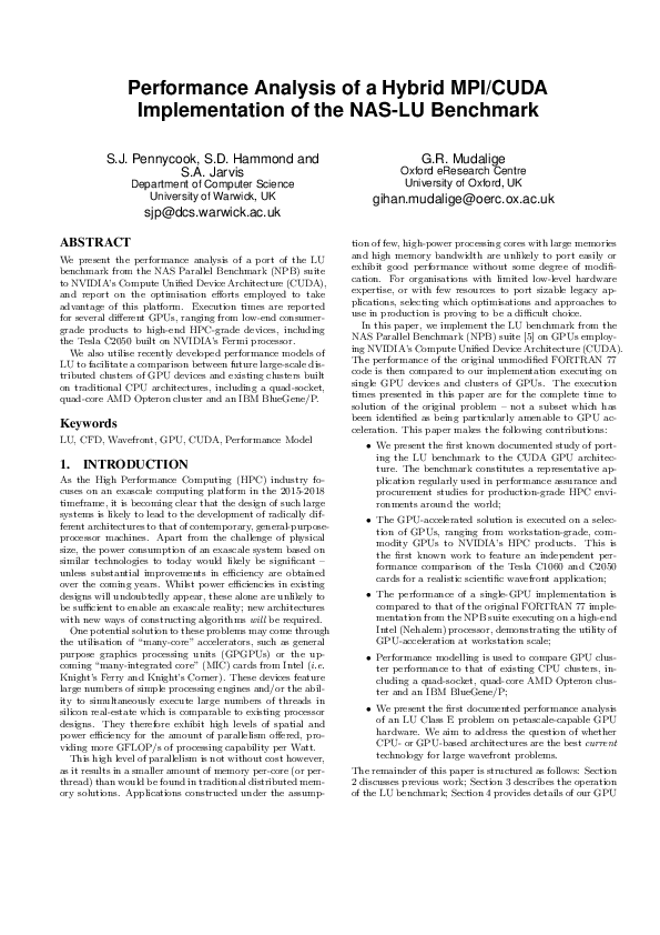 (PDF) Performance Analysis of a Hybrid MPI/CUDA Implementation of the NAS-LU Benchmark
