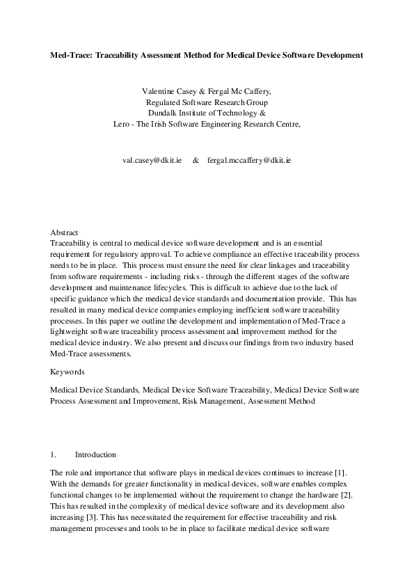 (PDF) Med-Trace: Traceability Assessment Method for Medical Device Software Development