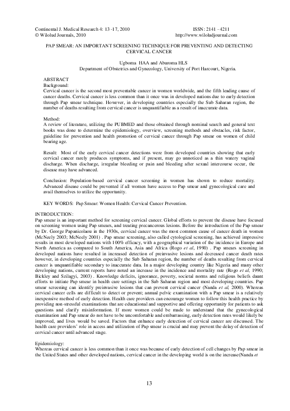 (PDF) PAP SMEAR: AN IMPORTANT SCREENING TECHNIQUE FOR PREVENTING AND ...