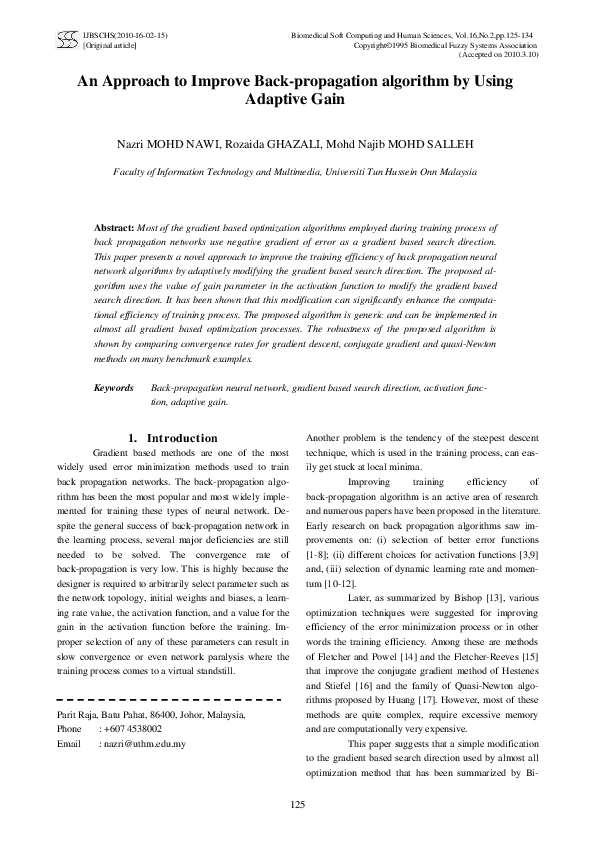 Pdf An Approach To Improve Back Propagation Algorithm By Using Adaptive Gain