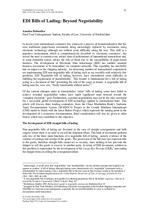 (PDF) EDI Bills of Lading: Beyond Negotiability