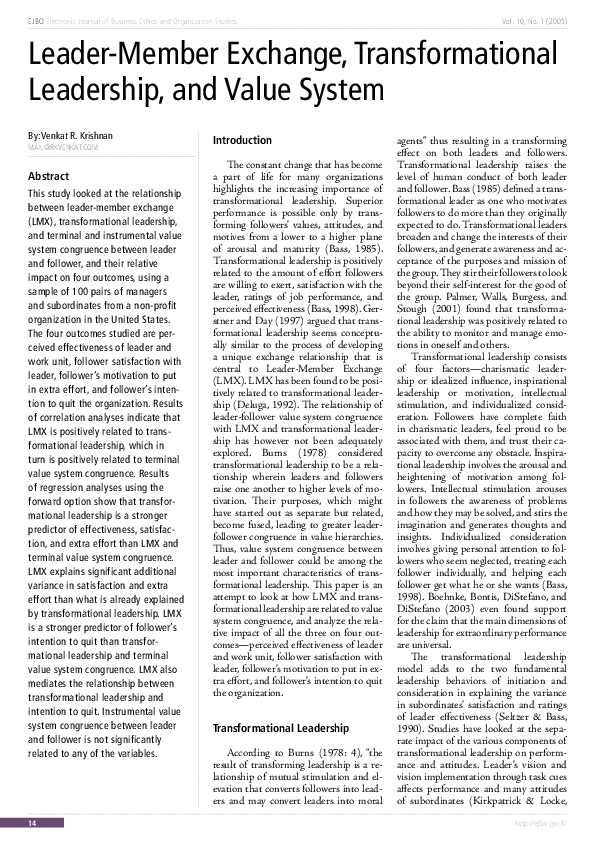 (PDF) Leader-member exchange, transformational leadership, and value system