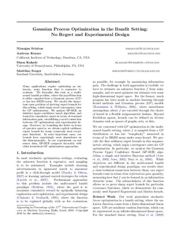 (PDF) Gaussian Process Optimization in the Bandit Setting: No Regret and Experimental Design