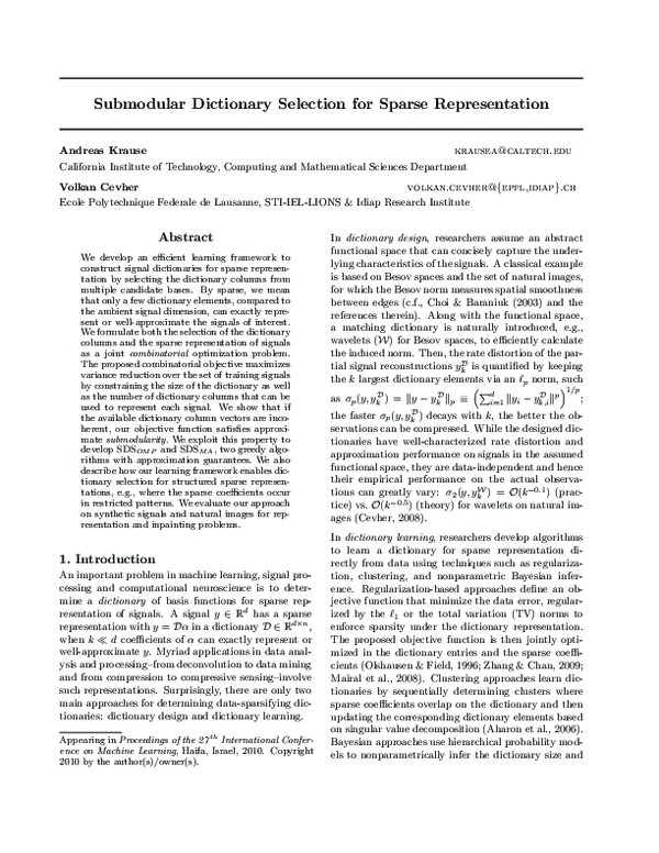 Pdf Submodular Dictionary Selection For Sparse Representation 