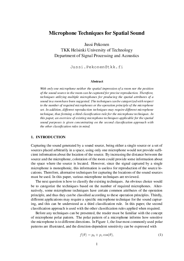 (PDF) Microphone Techniques for Spatial Sound