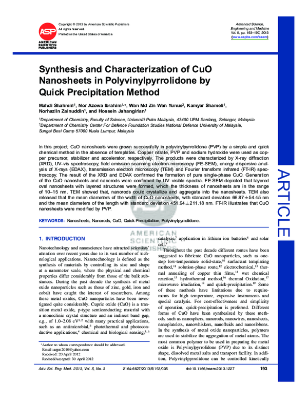 (PDF) Synthesis and Characterization of CuO Nanosheets in ...