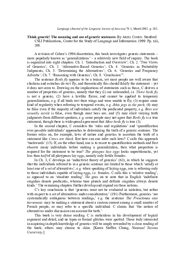 (PDF) Cohen, Ariel. Think Generic! The Meaning and Use of Generic ...