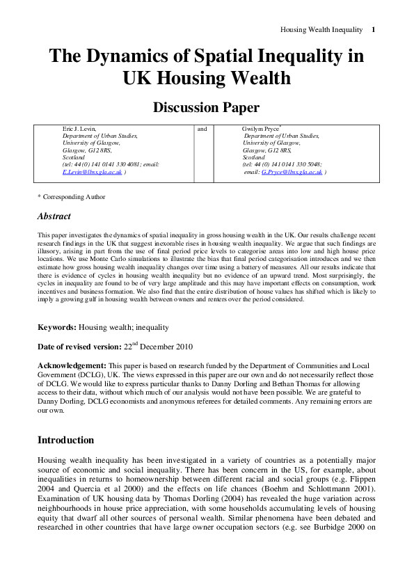 (PDF) The dynamics of spatial inequality in UK housing wealth, Housing ...