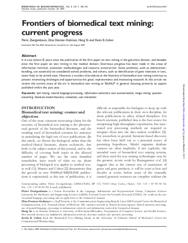 (PDF) Frontiers of biomedical text mining: current progress