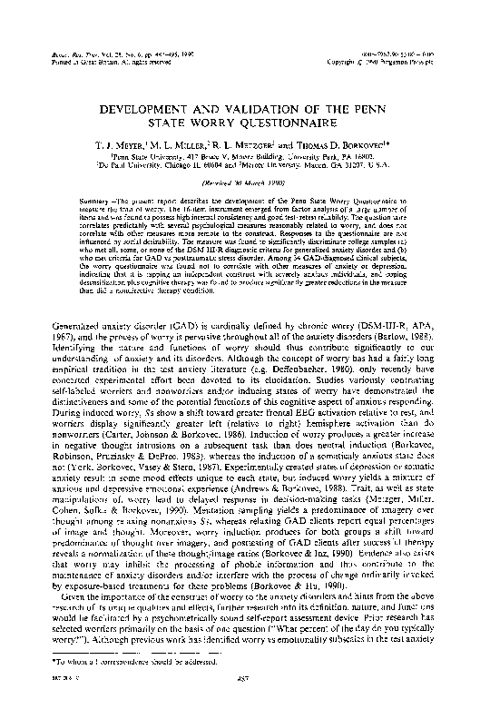 (PDF) Development and validation of the Penn State worry questionnaire