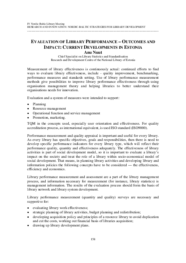 (PDF) Evaluation of Library Performance - Outcomes and Impact