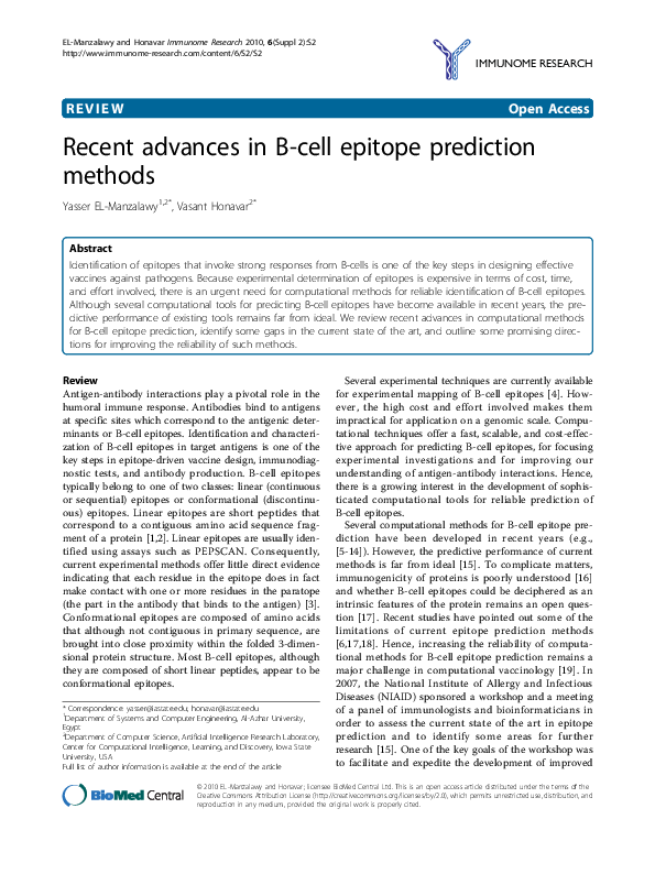 (PDF) Recent Advances in B-Cell Epitope Prediction Methods