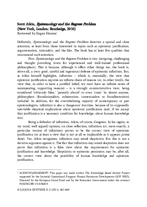 (PDF) Review of Scott Aikin, Epistemology and the Regress Problem (New ...