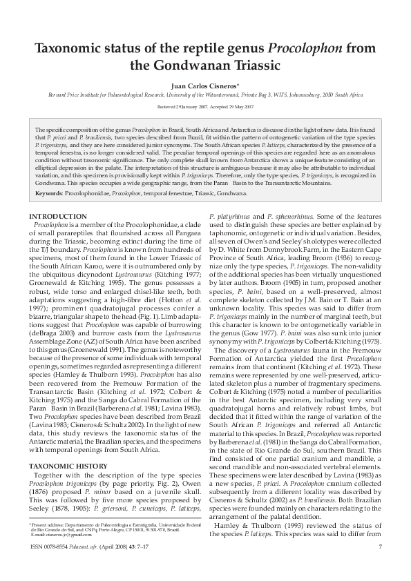 (PDF) Taxonomic status of the reptile genus Procolophon from the ...