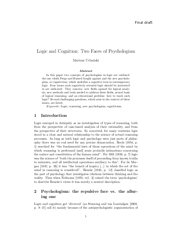 (PDF) Logic and Cognition: the Faces of Psychologism