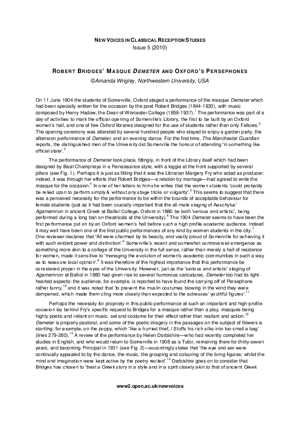 (PDF) ‘Robert Bridges’ Masque Demeter and Oxford’s Persephones’, New ...