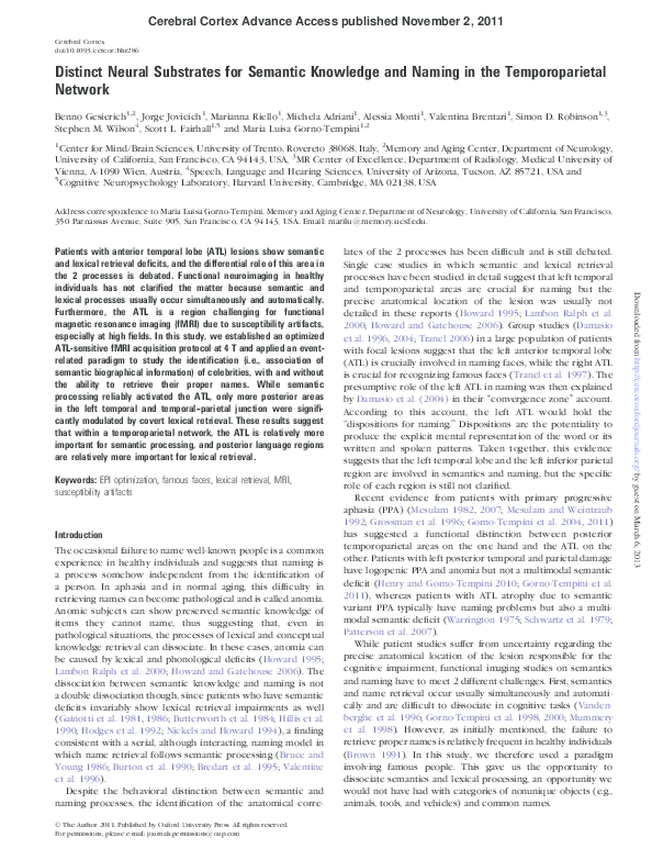 (PDF) Neural Substrates of Semantics and Naming