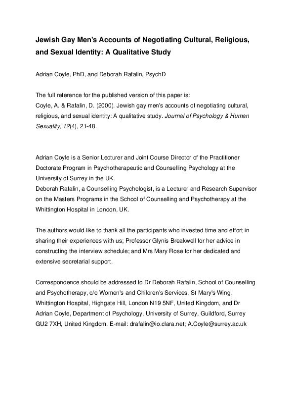 (PDF) Jewish gay men's accounts of negotiating cultural, religious, and ...