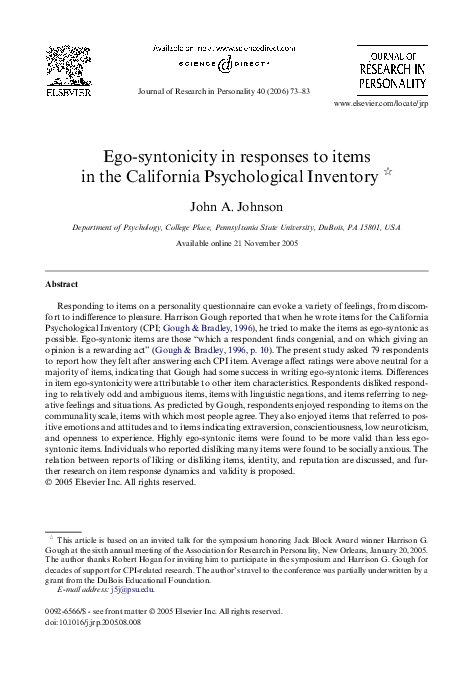 (PDF) Ego syntonicity in responses to items in the