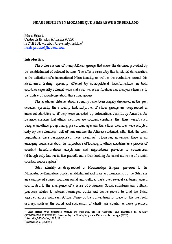 (PDF) "Ndau identity in the Mozambique-Zimbabwe borderland" (5th ABORNE ...