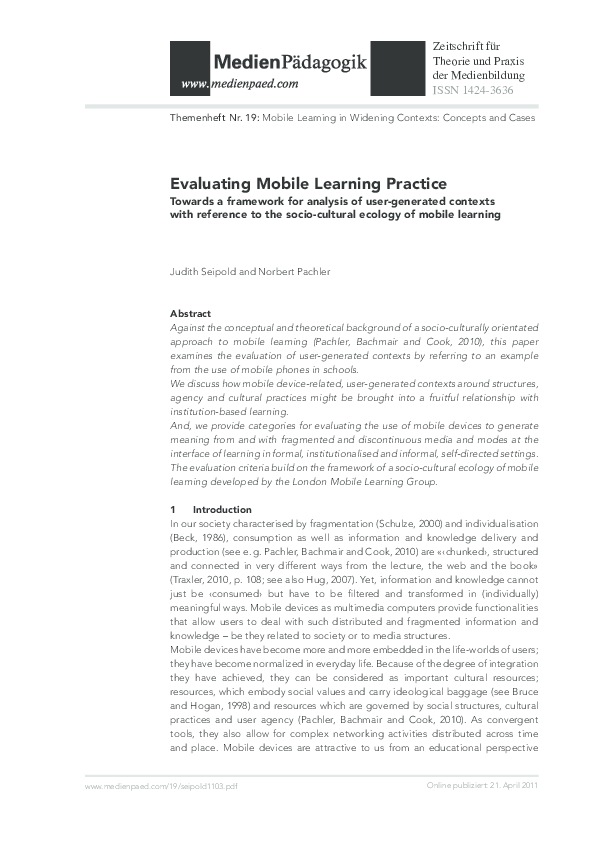 (PDF) Evaluating mobile learning practice - towards a framework for ...